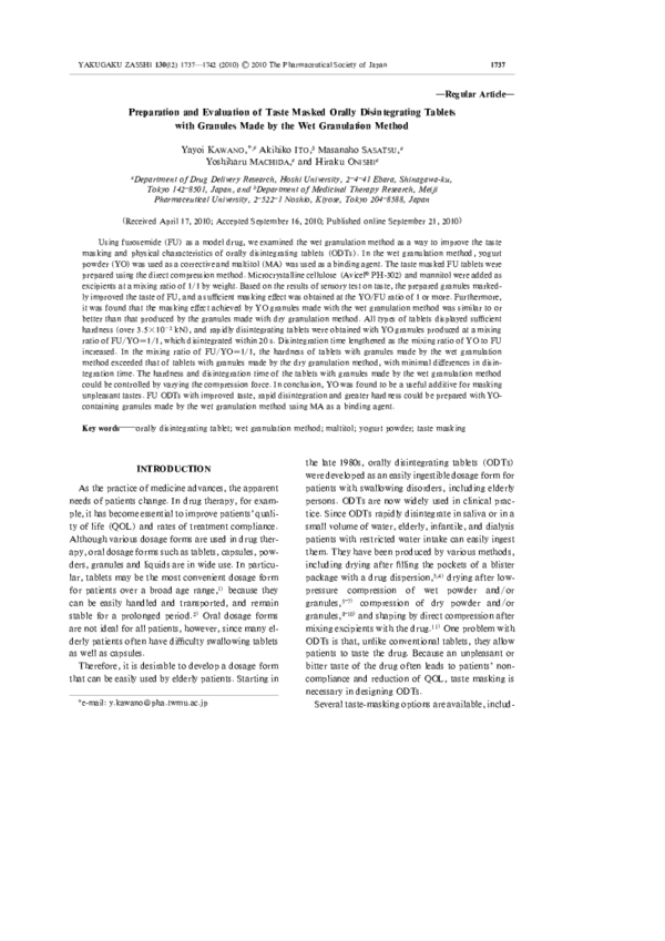 Pdf Preparation And Evaluation Of Taste Masked Orally Disintegrating Tablets With Granules
