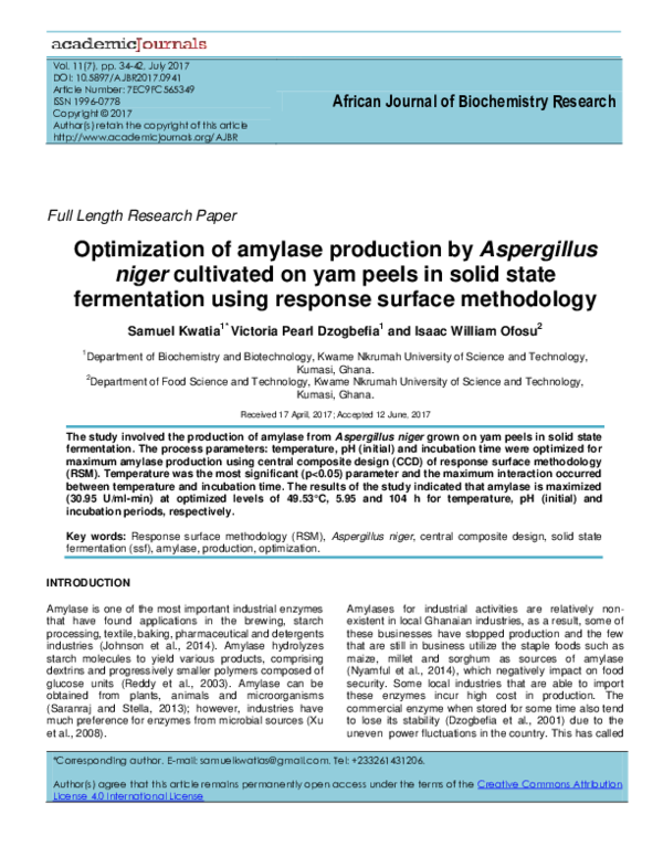 (PDF) Optimization of amylase production by Aspergillus niger in solid-state fermentation using ...