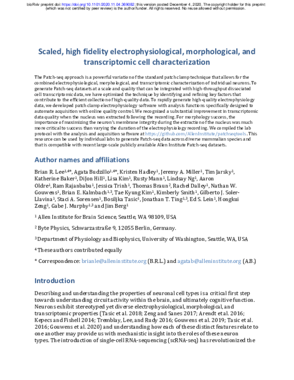 (PDF) Scaled, high fidelity electrophysiological, morphological, and transcriptomic cell ...