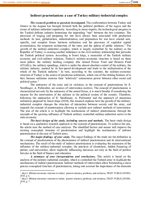 (PDF) Indirect praetorianism: a case of Turkey military-industrial complex