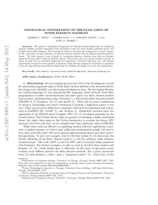 Pdf Topological Optimization Of The Evaluation Of Finite Element Matrices Andy Terrel