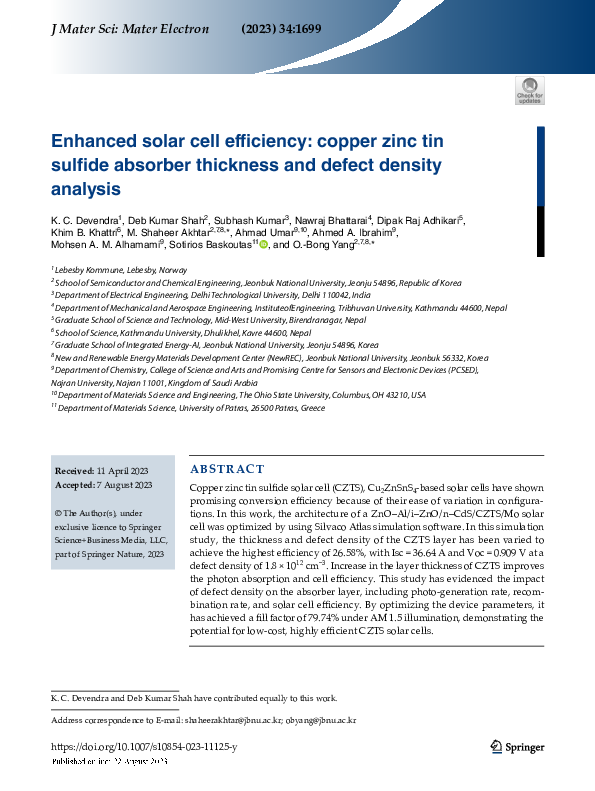 (PDF) Enhanced solar cell efficiency: copper zinc tin sulfide absorber thickness and defect ...