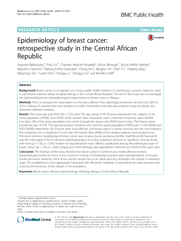 (PDF) Epidemiology of breast cancer: retrospective study in the Central ...