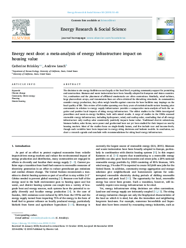 (PDF) Energy next door: a meta-analysis of energy infrastructure impact on housing value