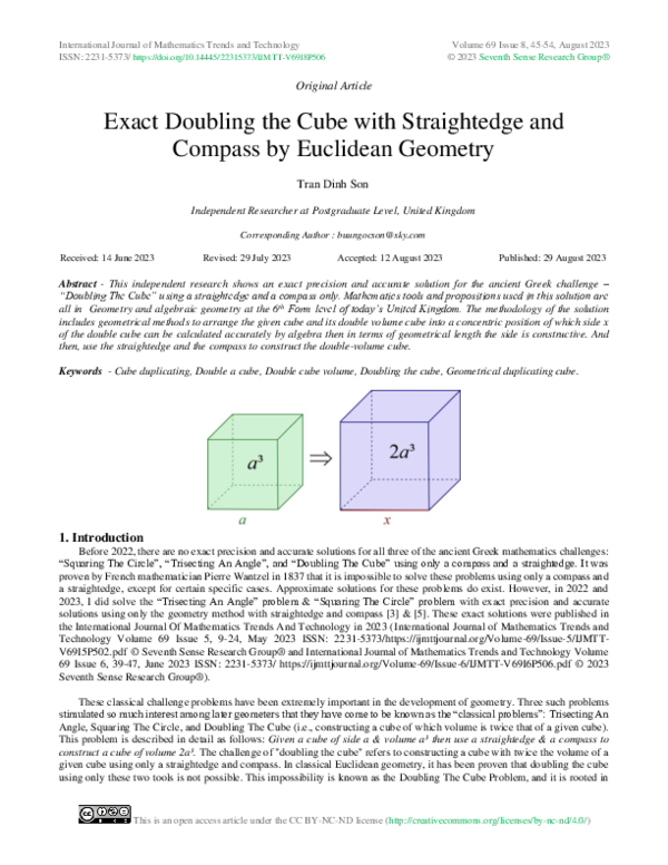 (PDF) Exact Doubling the Cube with Straightedge and Compass by Euclidean Geometry