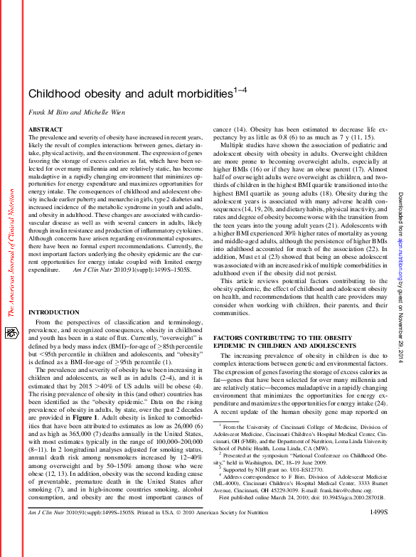 (PDF) Childhood obesity and adult morbidities 1 – 4 | Frank Biro ...