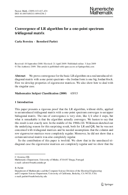 (PDF) Convergence of LR algorithm for a one-point spectrum tridiagonal matrix