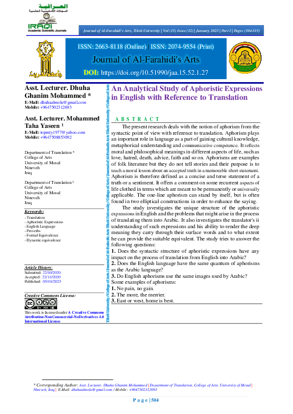 (PDF) An Analytical Study Of Aphoristic Expressions In English With ...