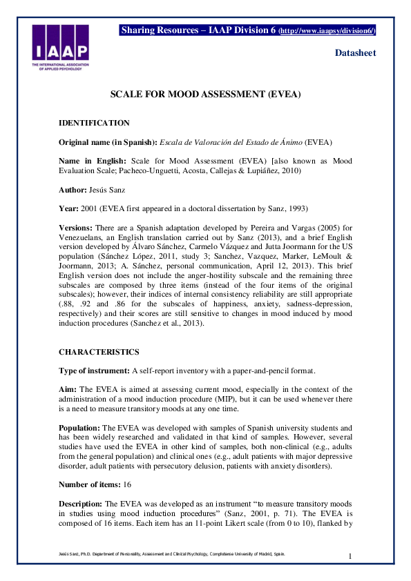 (PDF) SCALE FOR MOOD ASSESSMENT (EVEA) IDENTIFICATION Original name (in ...