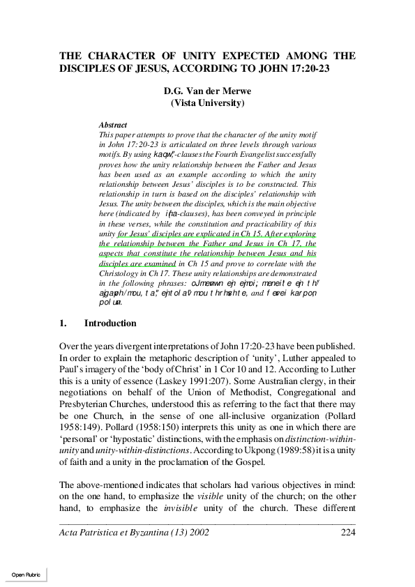 (PDF) The character of unity expected among the disciples of Jesus, according to John 17:20-23