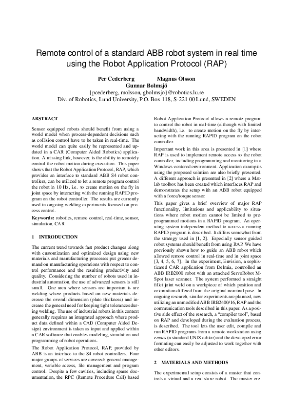 Pdf Remote Control Of A Standard Abb Robot System In Real Time Using The Robot Application