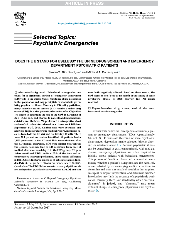 (PDF) Does the U Stand for Useless? The Urine Drug Screen and Emergency ...