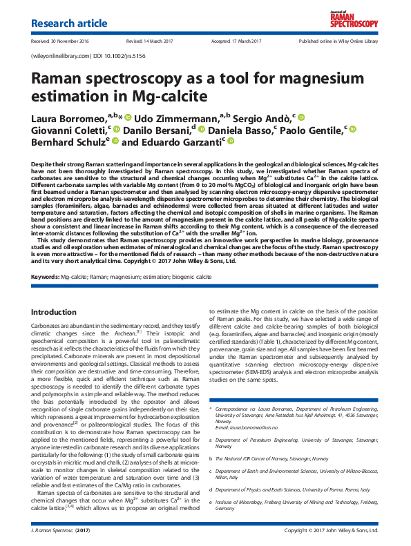 (PDF) Raman spectroscopy as a tool for magnesium estimation in Mg‐calcite
