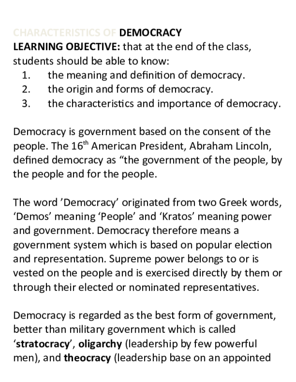(DOC) CHARACTERISTICS OF DEMOCRACY LEARNING OBJECTIVE: that at the end ...