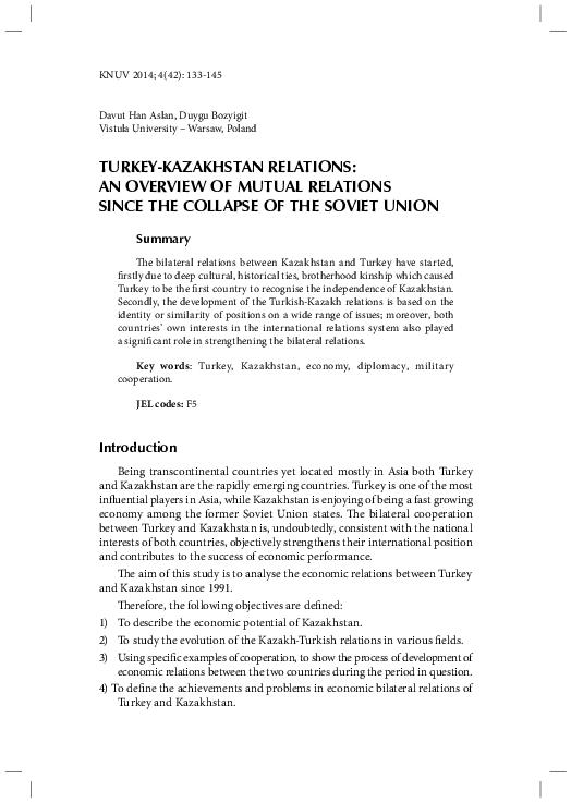 (PDF) Turkey-Kazakhstan Relations: an Overview of Mutual Relations ...