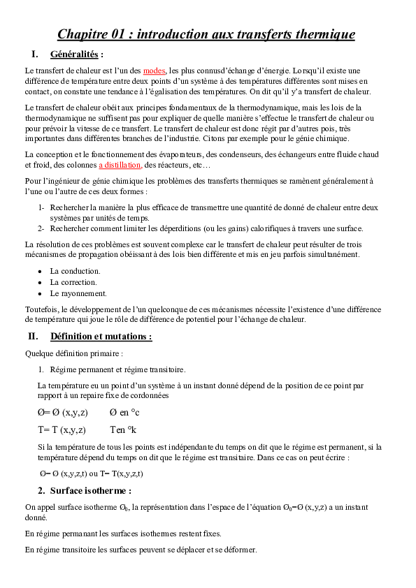 (PDF) Chapitre 01 : introduction aux transferts thermique