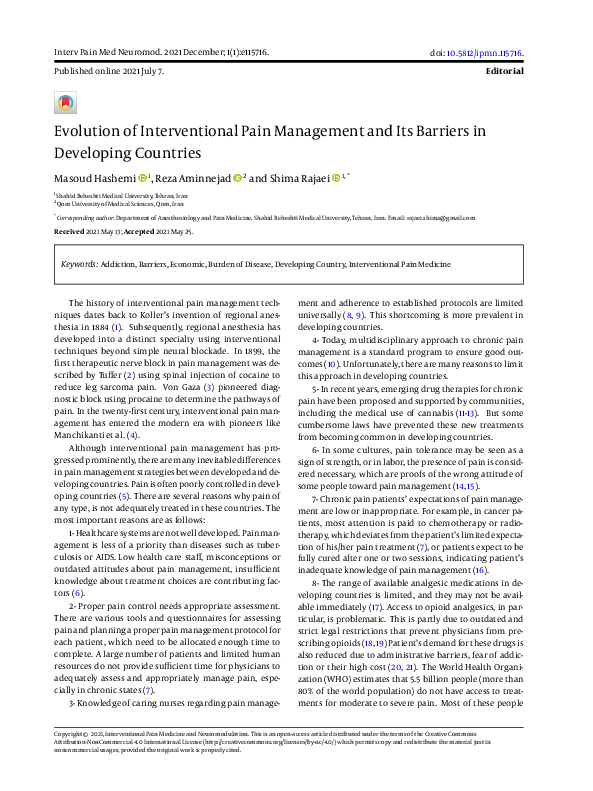 (PDF) Evolution of Interventional Pain Management and Its Barriers in ...