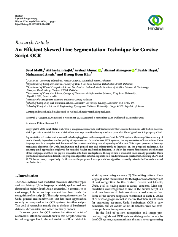 Pdf An Efficient Skewed Line Segmentation Technique For Cursive Script Ocr