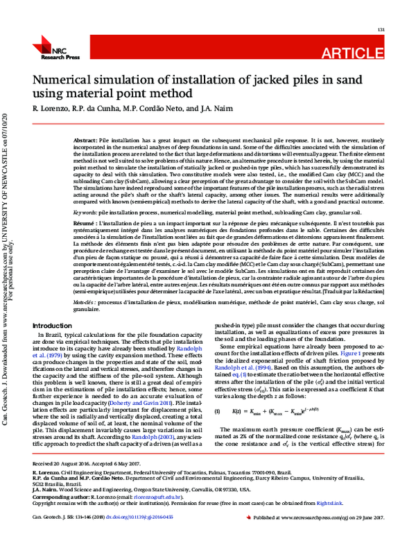 (PDF) Numerical simulation of installation of jacked piles in sand using material point method