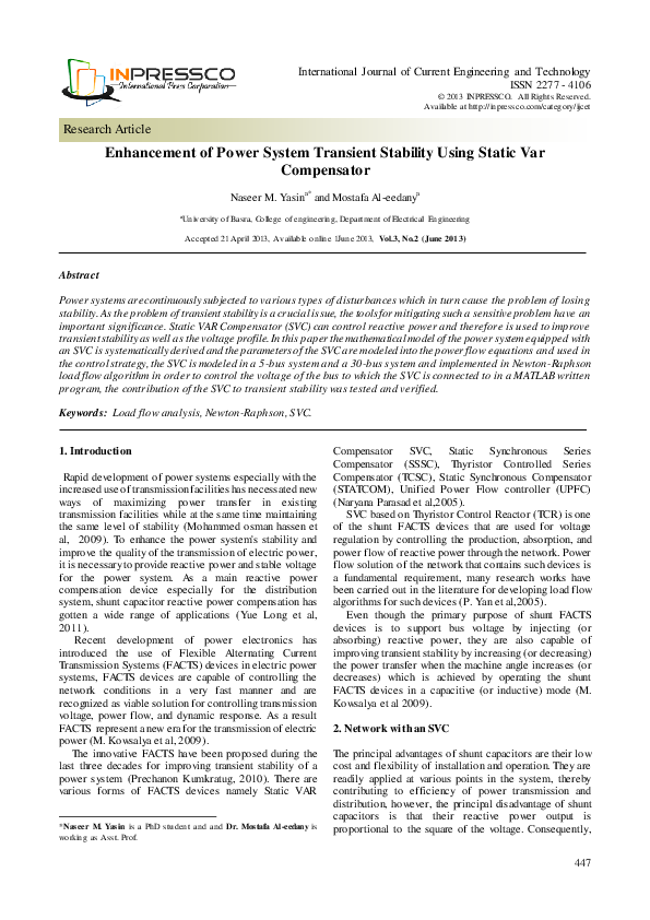 (PDF) Enhancement of Power System Transient Stability Using Static Var ...