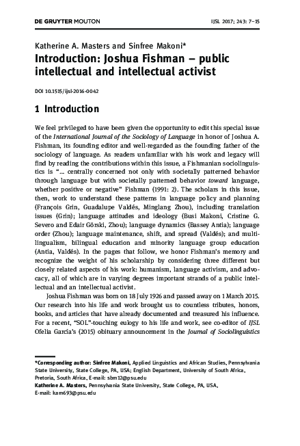 (PDF) Introduction: Joshua Fishman – public intellectual and ...