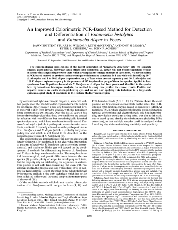 Pdf An Improved Colorimetric Pcr Based Method For Detection And Differentiation Of Entamoeba