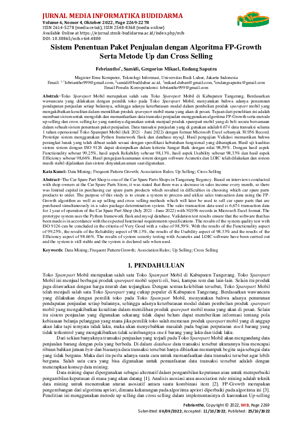(PDF) Sistem Penentuan Paket Penjualan dengan Algoritma FP-Growth Serta Metode Up dan Cross Selling