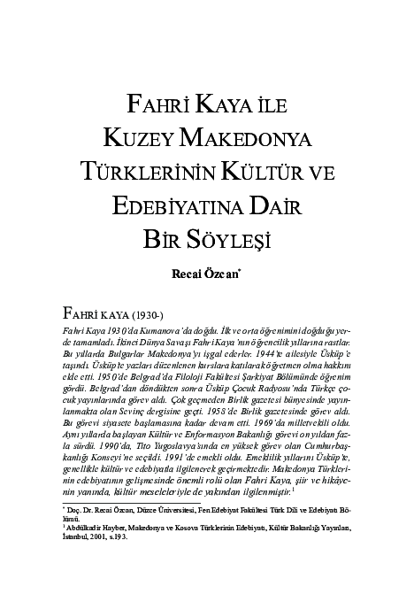 (PDF) Fahri Kaya ile Kuzey Makedonya Türklerinin Kültür ve edebiyatına dair bir Söyleşi