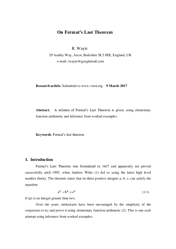 (PDF) On Fermat's Last Theorem | RICHARD WAYTE - Academia.edu