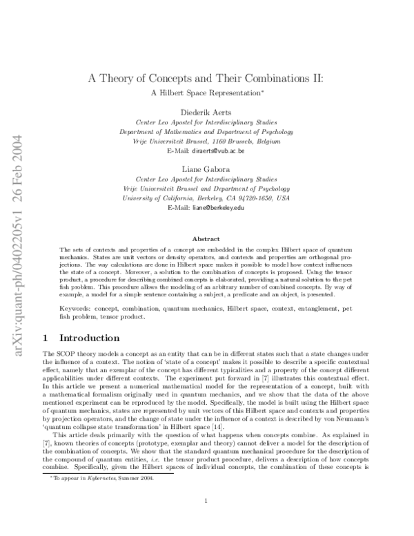 (PDF) A theory of concepts and their combinations II: A Hilbert space representation