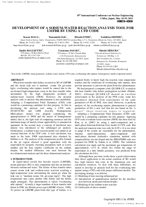 (PDF) ICONE19-43839 Development of a Sodium-Water Reaction Analysis ...