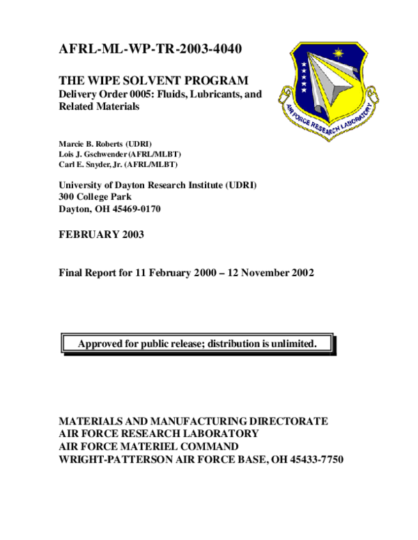 (PDF) The Wipe Solvent Program: Delivery Order 0005: Fluids, Lubricants ...