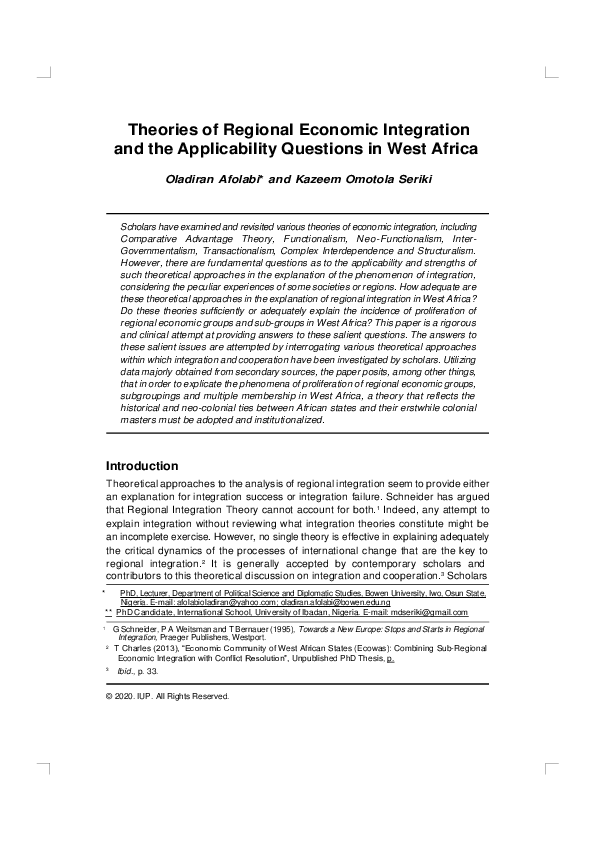 (PDF) Theories of Regional Economic Integration and the Applicability Questions in West Africa