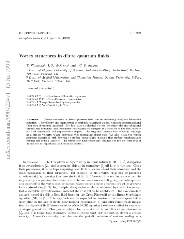 (PDF) Vortex structures in dilute quantum fluids