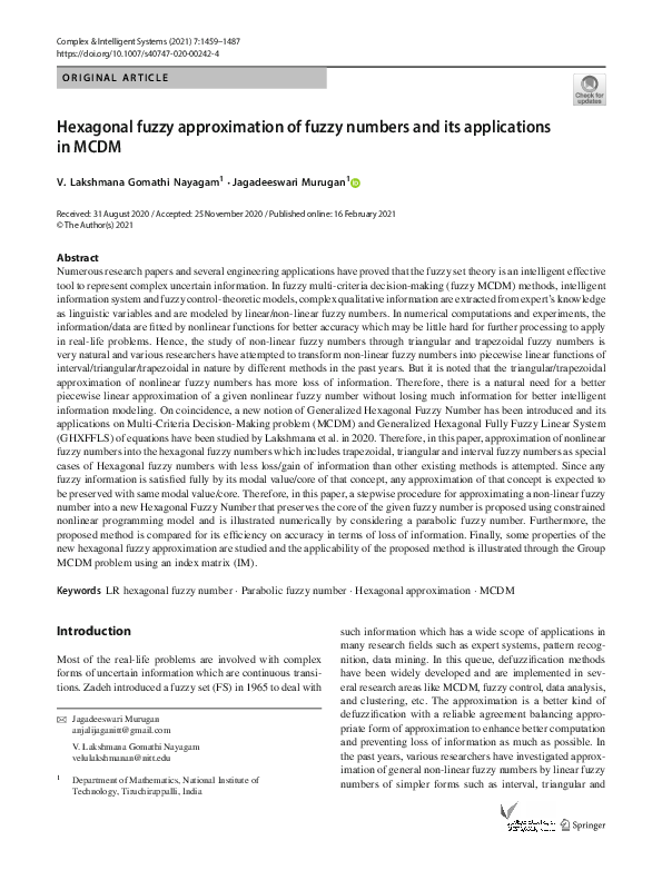 Pdf Hexagonal Fuzzy Approximation Of Fuzzy Numbers And Its Applications In Mcdm