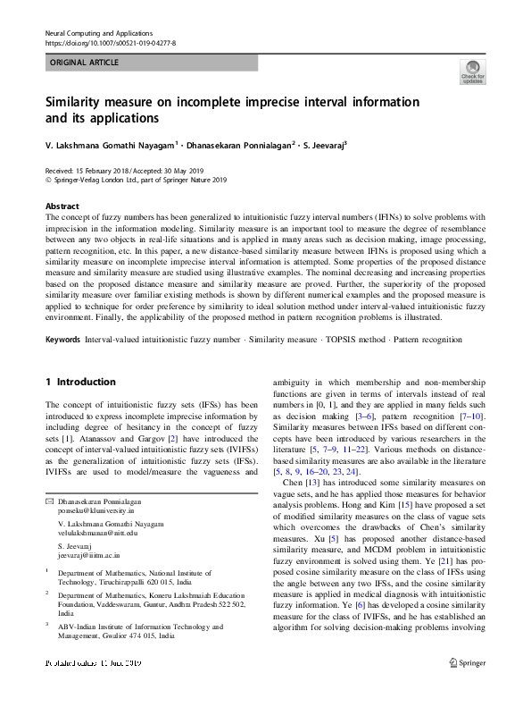 (PDF) Similarity measure on incomplete imprecise interval information and its applications