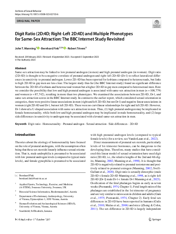 (PDF) Digit Ratio (2D:4D; Right-Left 2D:4D) and Multiple Phenotypes for ...