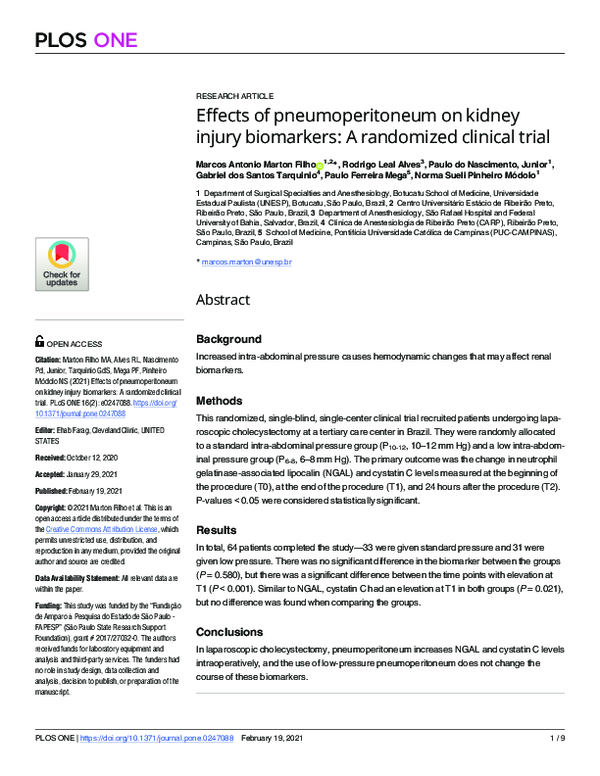 (PDF) Effects of pneumoperitoneum on kidney injury biomarkers: A ...