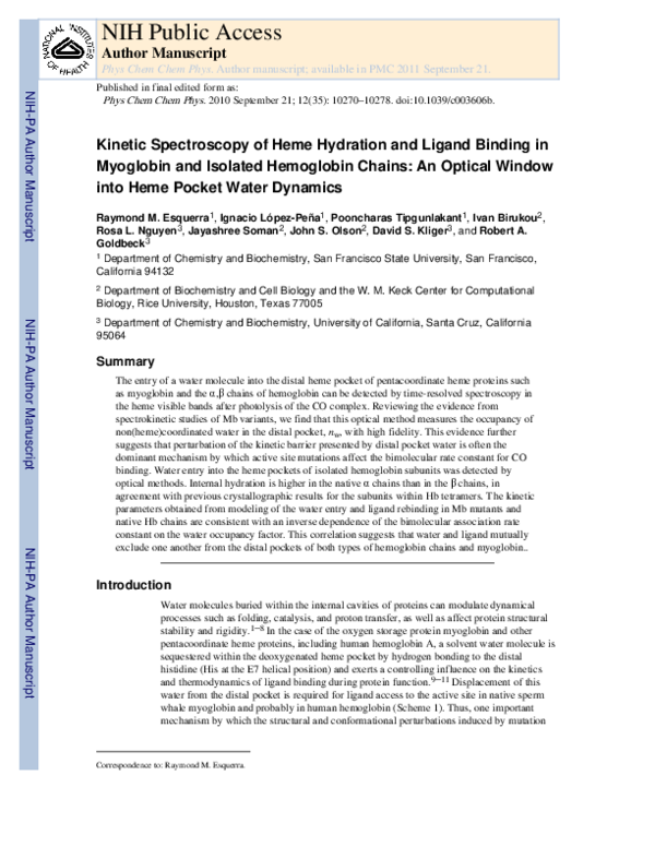 (PDF) Kinetic spectroscopy of heme hydration and ligand binding in ...