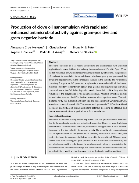 (PDF) Production of clove oil nanoemulsion with rapid and enhanced ...