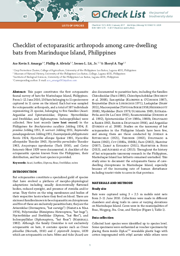 (PDF) Checklist of ectoparasitic arthropods among cave-dwelling bats ...
