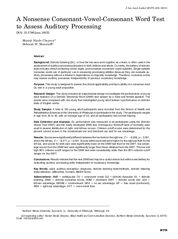 (PDF) Dichotic Nonsense Word Test