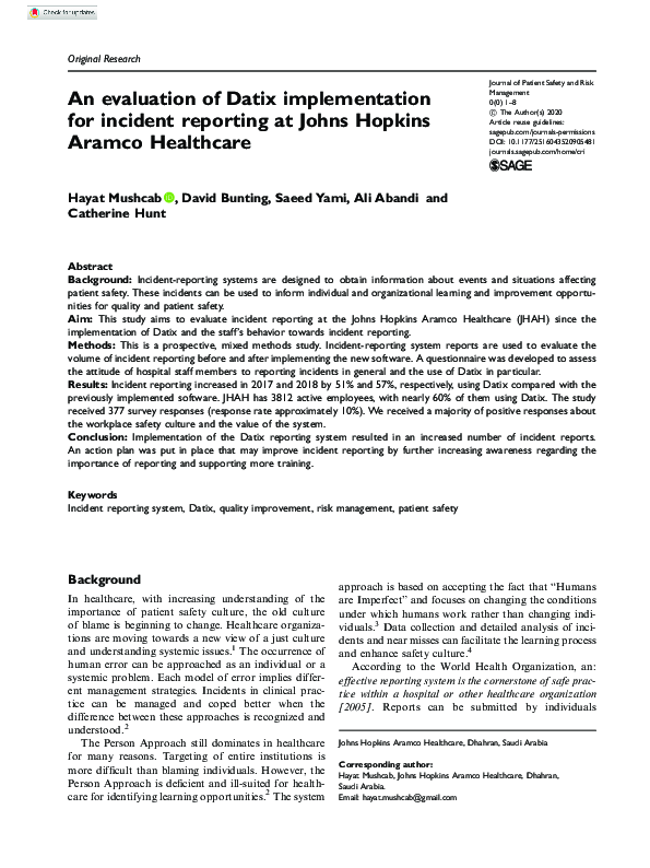(PDF) An evaluation of Datix implementation for incident reporting at Johns Hopkins Aramco ...