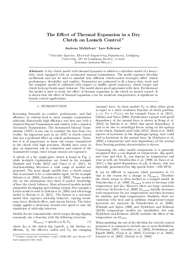 (PDF) The Effect of Thermal Expansion in a Dry Clutch on Launch Control