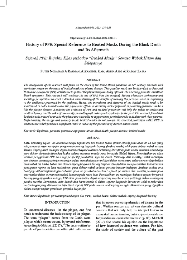 (PDF) History of PPE: Special reference to beaked masks during the ...