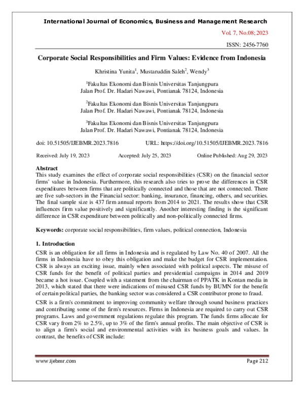 (PDF) Corporate Social Responsibilities and Firm Values: Evidence from Indonesia
