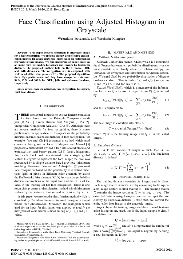 (PDF) Face Classification using Adjusted Histogram in Grayscale