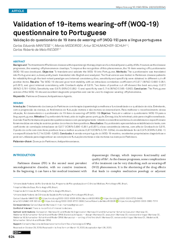 (PDF) Validation of 19-items wearing-off (WOQ-19) questionnaire to ...
