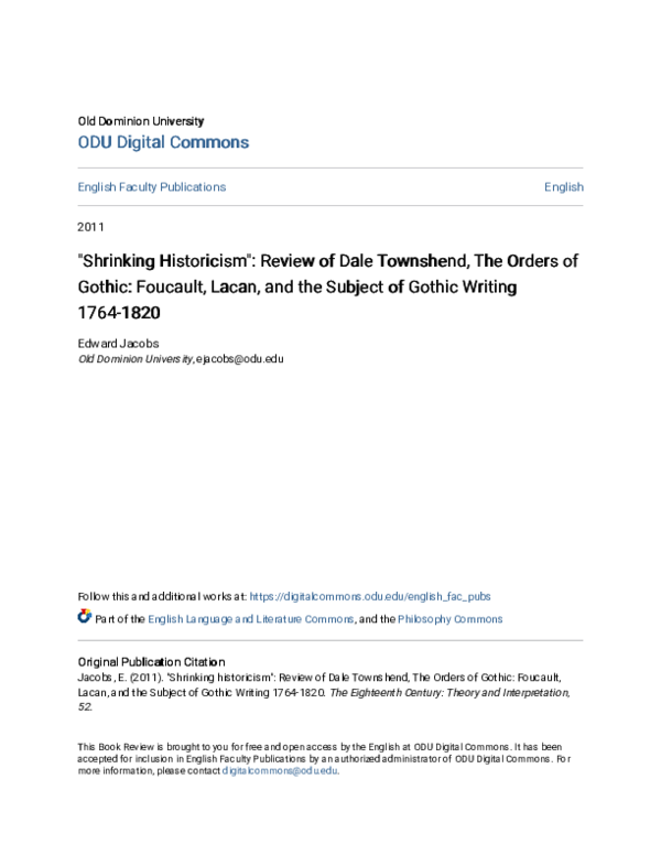 (PDF) Shrinking Historicism": Review of Dale Townshend, The Orders of ...