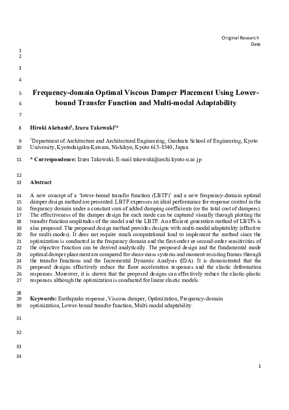 Pdf Frequency‐domain Optimal Viscous Damper Placement Using Lower‐bound Transfer Function And